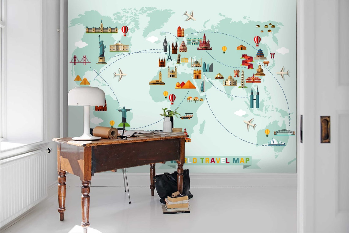 3D World Map Wallpaper Famous Building Wall Mural Cartoon - Etsy Australia