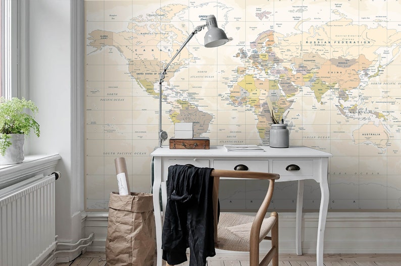 3D World Map Wallpaper Yellow Wall Mural Detailed Wall - Etsy