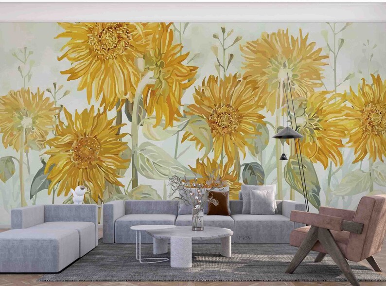Yellow Sunflower Floral Wallpaper Mural, Peel and Stick, Removable - Etsy