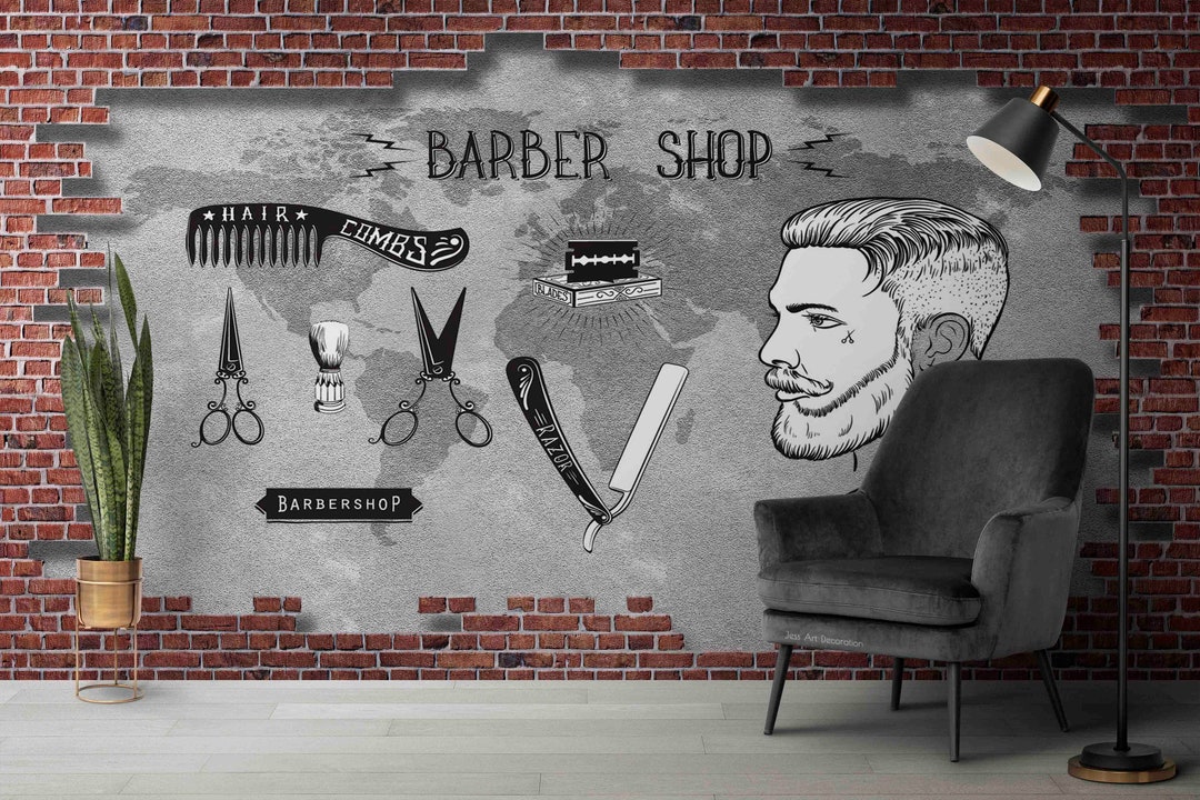 3D Barber Shop Wallpaper, Brick Wall Mural, Barber Tools Wall Decor ...