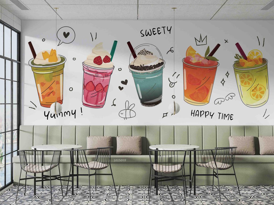 Buttle Tea Shop Wall Mural – Hand Drawn Milk Tea Juice, Peel and Stick ...