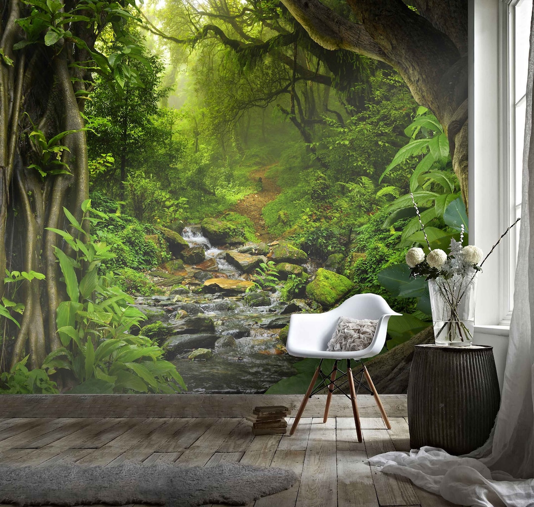 3D Forest Wallpaper, Plant Wall Mural, Stream Wall Decor, Landscape ...