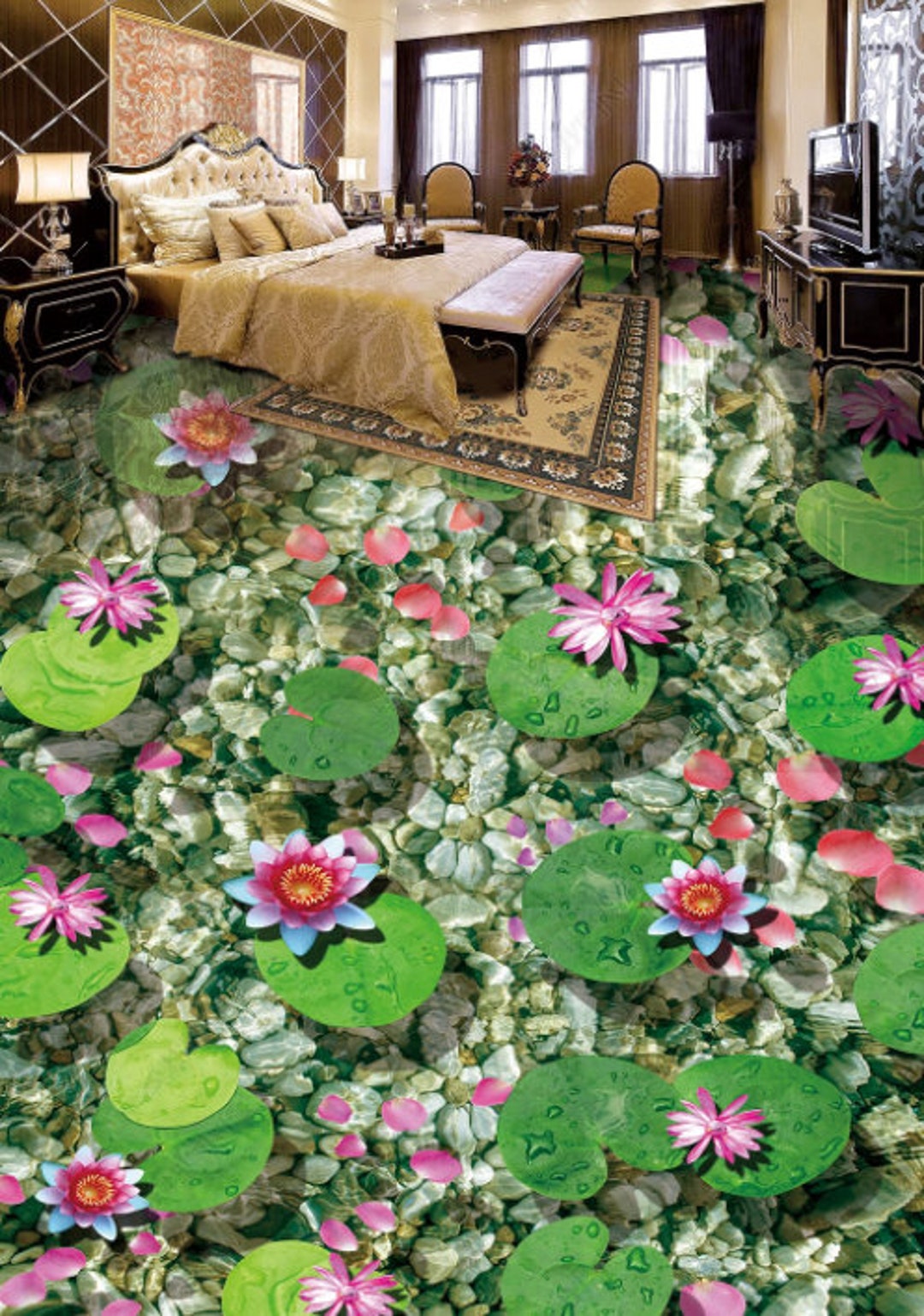 3D Pond Pebbles Lotus, Vinyl Floor Mural, Self-adhesive Vinyl, Floor ...