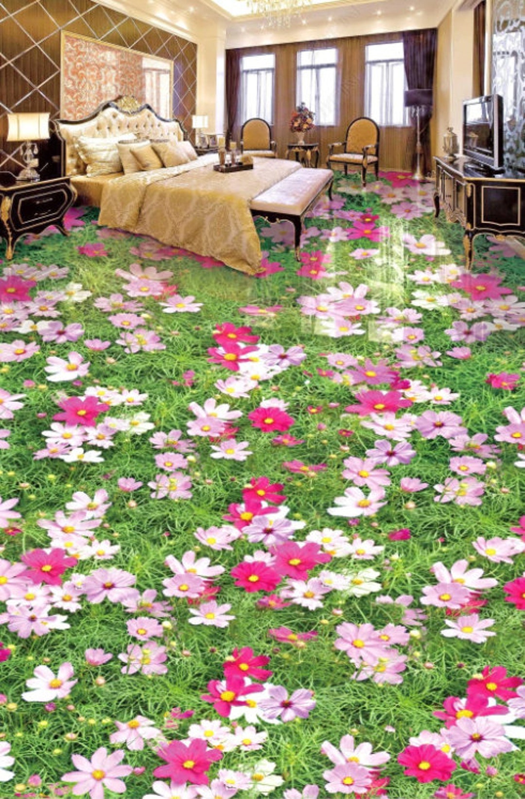 3D Floral Pink Daisy, Vinyl Floor Mural, Self-adhesive Vinyl, Floor Art ...