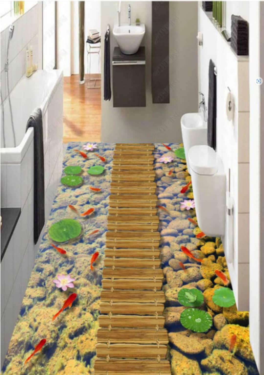 3D Boardwalk Fish Lotus, Vinyl Floor Mural, Self-adhesive Vinyl, Floor ...