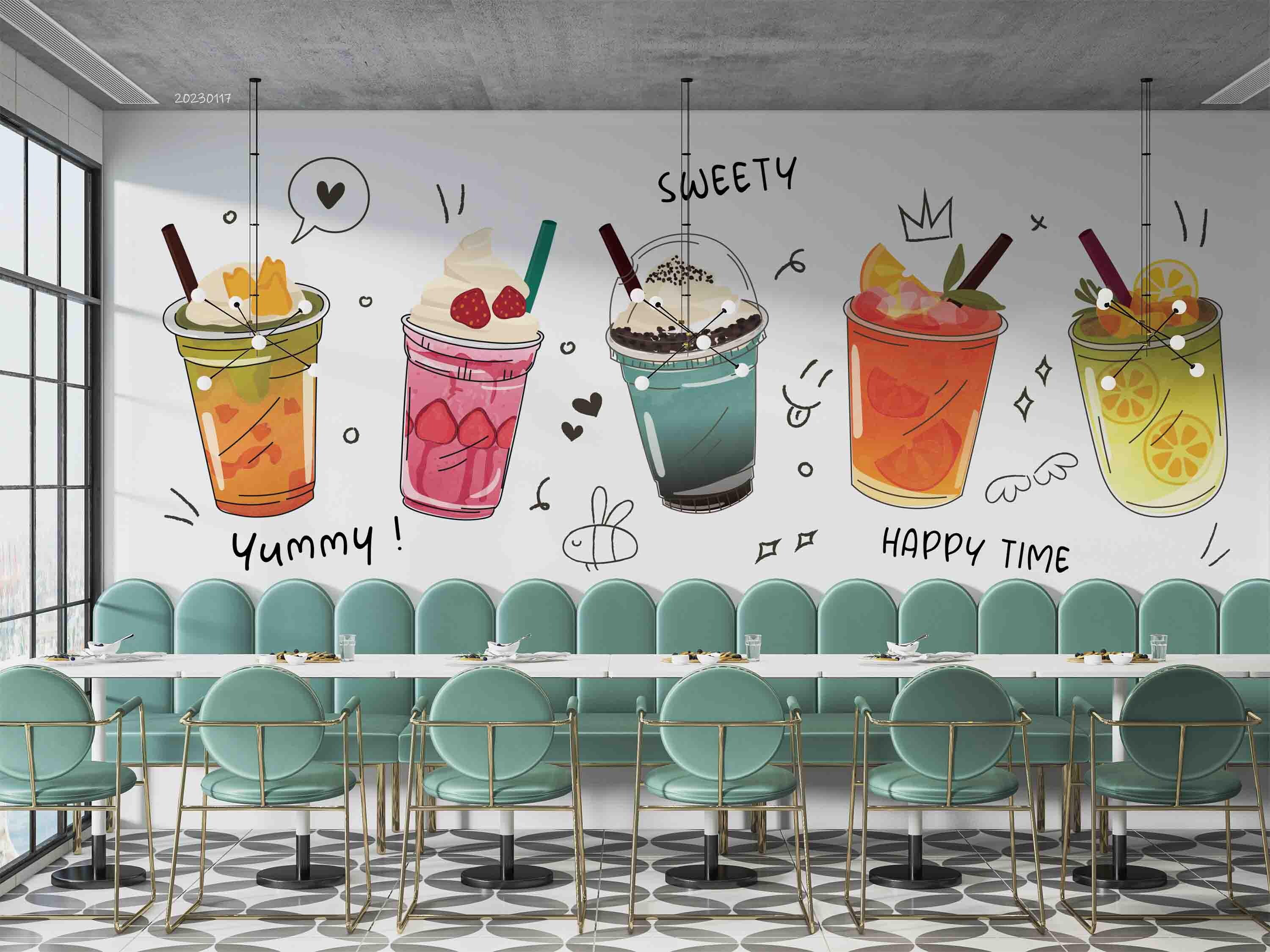 Buttle Tea Shop Wall Mural – Hand Drawn Milk Tea Juice, Peel and Stick ...