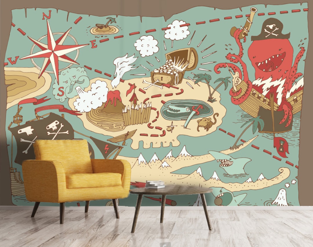 3D Pirate Map Wallpaper, Island Wall Mural, Treasure Wall Decor, Hand ...