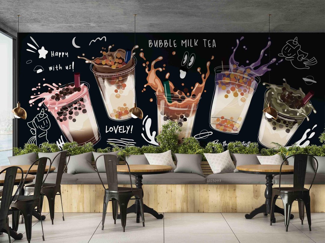 Bubble Tea Shop Wall Mural – Hand Drawn 3D Peel and Stick Wallpaper ...