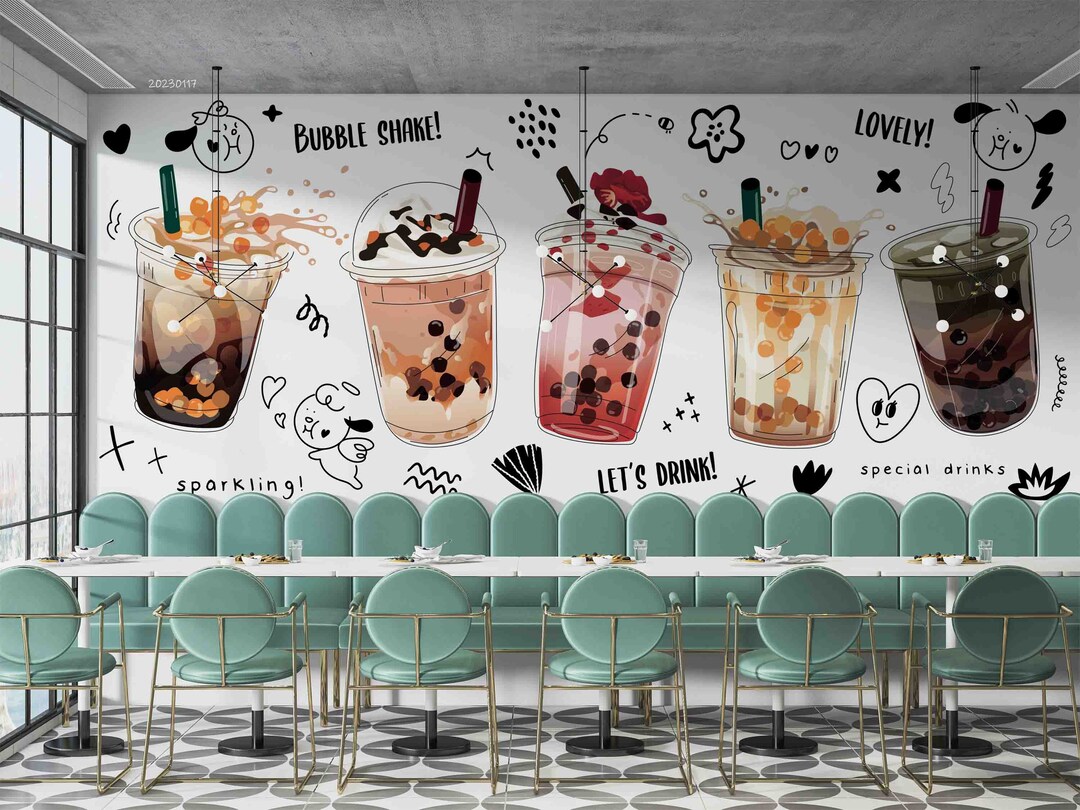 Bubble Tea Shop Wallpaper, 3D Cartoon Mural, Peel and Stick - Etsy
