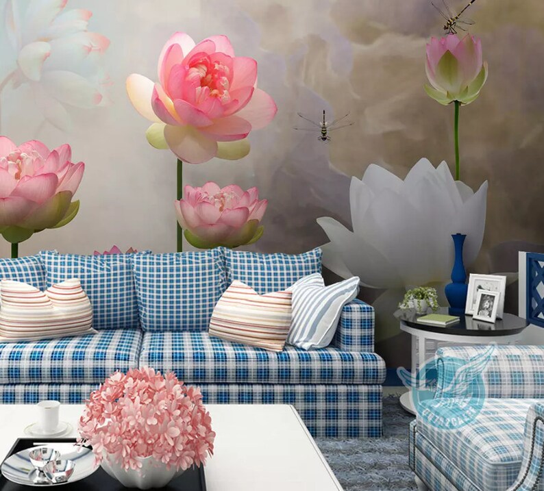 3D Pink Lotus Wallpaper Mural, Chinese Style, Peel and Stick - Etsy