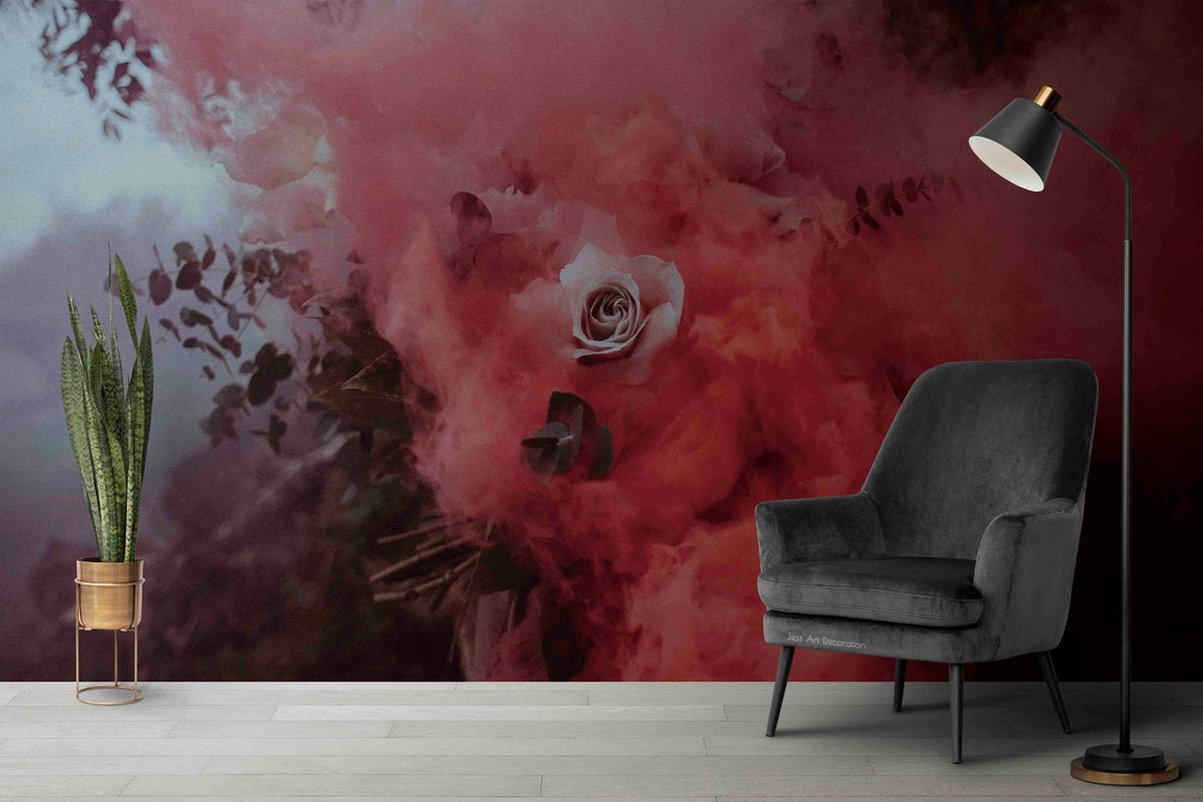 Red Smoke Roses Wallpaper, Peel and Stick Wall Mural - Etsy