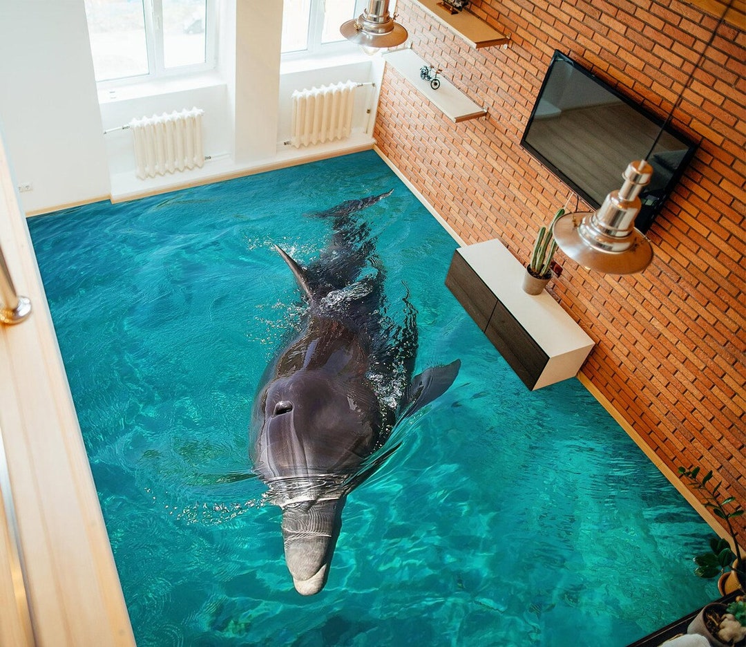 3D Blue Ocean Animal Dolphin, Vinyl Floor Mural, Self-adhesive Vinyl ...