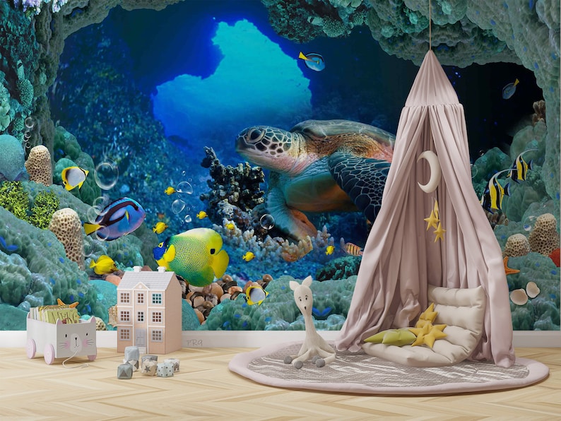 Underwater Turtle 3D Wallpaper Mural, Peel and Stick - Etsy