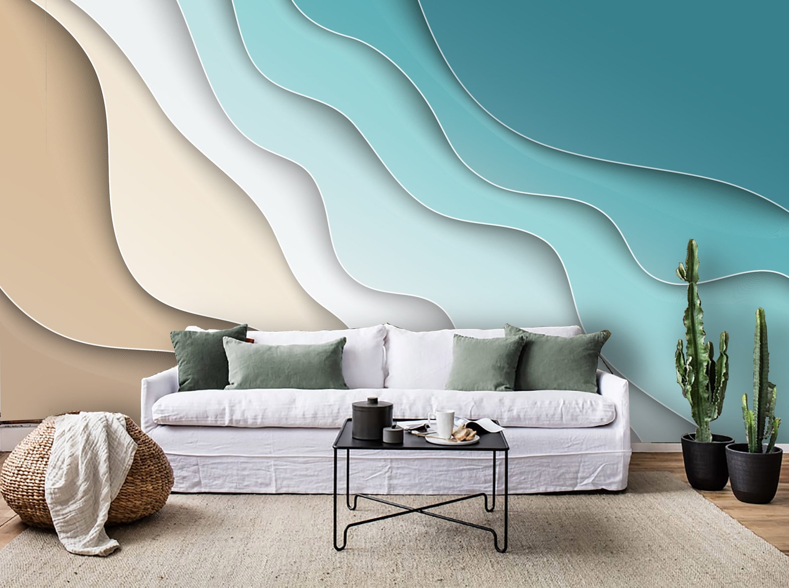 Blue Waves Wallpaper, Sand Wall Mural, Peel and Stick Wallpaper - Etsy