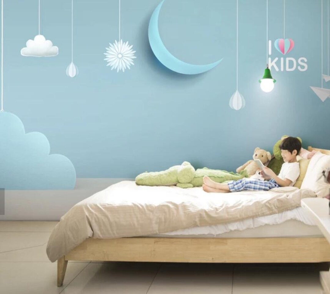 3D Moon Wallpaper, Cloud Wall Mural, Cartoon Wall Decor, Kids Wall Art ...