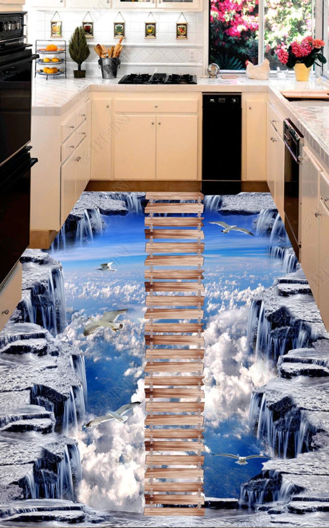 3D Boardwalk Waterfall Clouds, Vinyl Floor Mural, Self-adhesive Vinyl ...