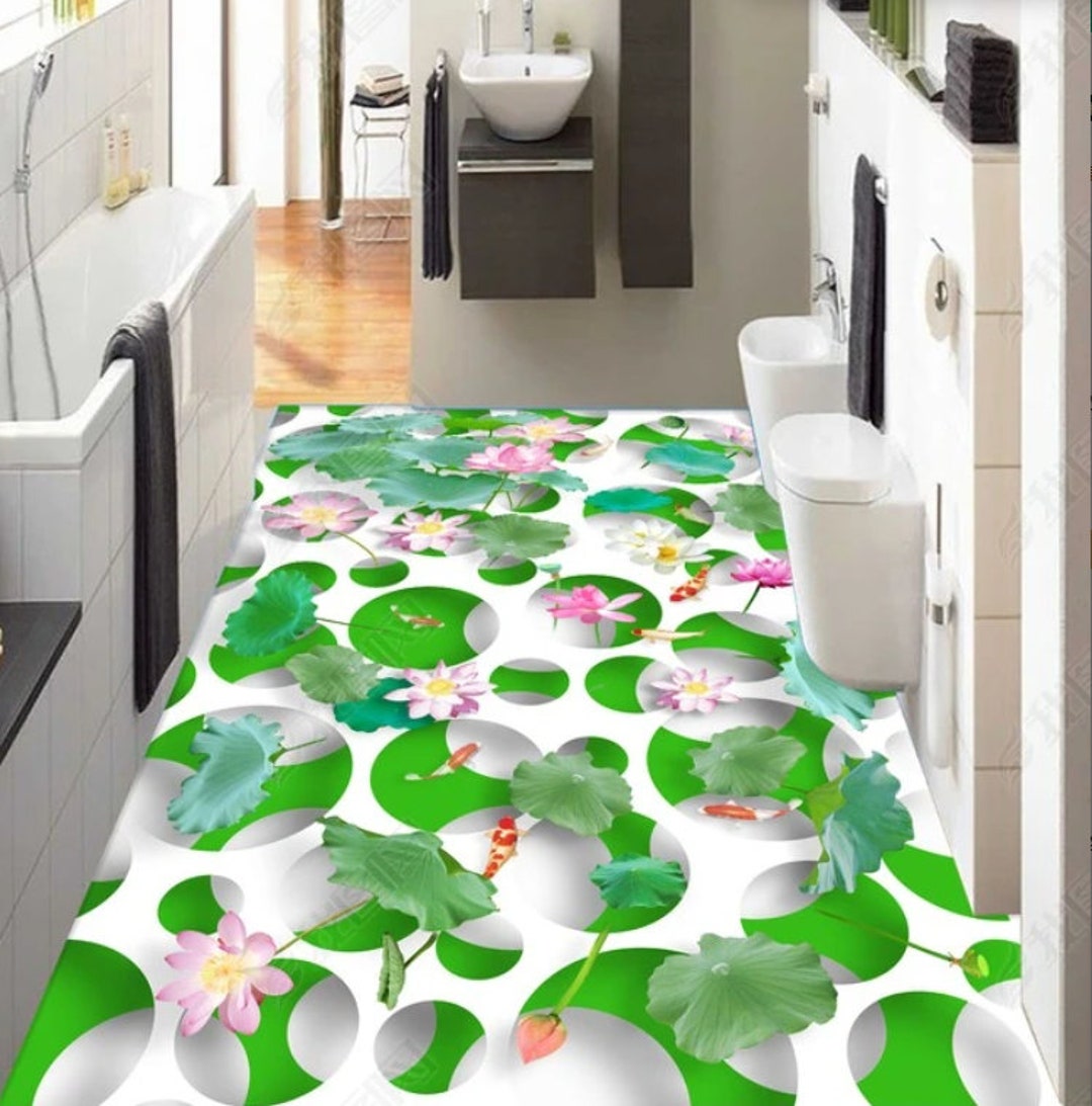 3D Lotus Fish Circle Floral, Vinyl Floor Mural, Self-adhesive Vinyl ...