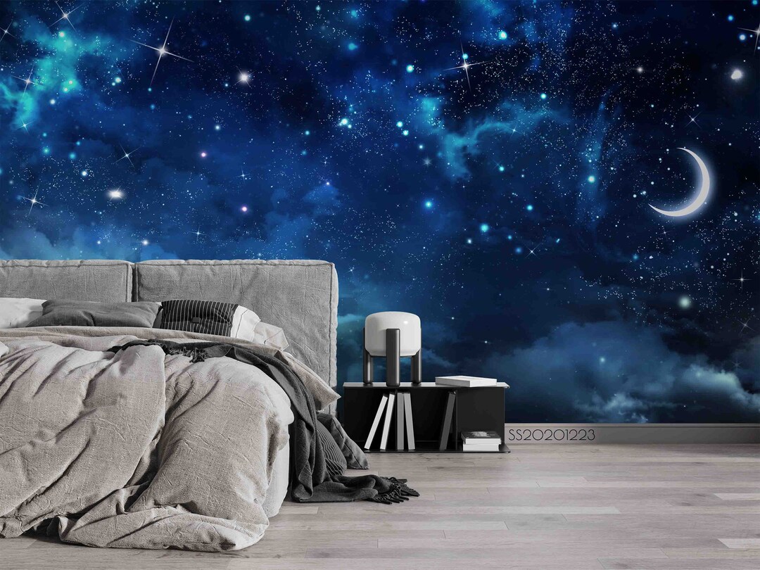 3D Space Moon Cloud Blue Wallpaper Removable Wallpaper-peel and Stick ...