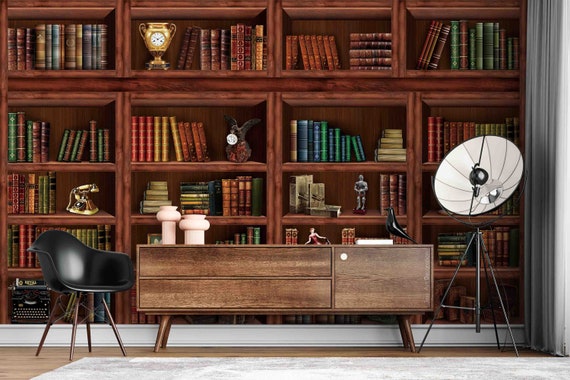 3D Wooden Bookshelf Wallpaper-nursery Wllpaper Removable | Etsy