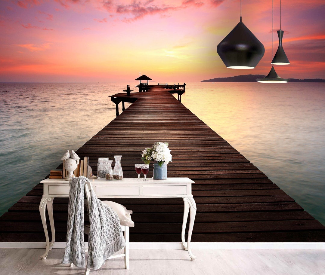 3D Sunset Wallpaper, Lake Wall Mural, Wooden Bridge Wall Decor, Scenery ...