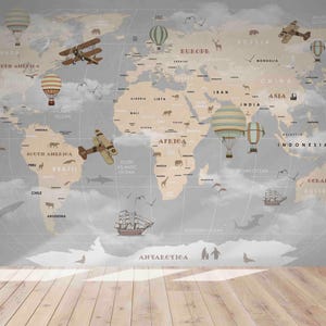 World Map Wall Mural – 3D Retro Hot Air Balloon Plane Kids Wallpaper ...
