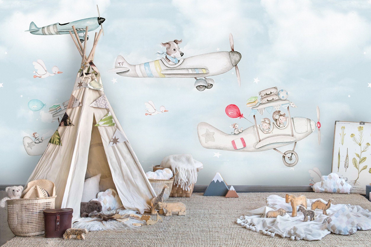 3D Airplane Wallpaper, Cartoon Animal Wall Mural, Peel and Stick - Etsy