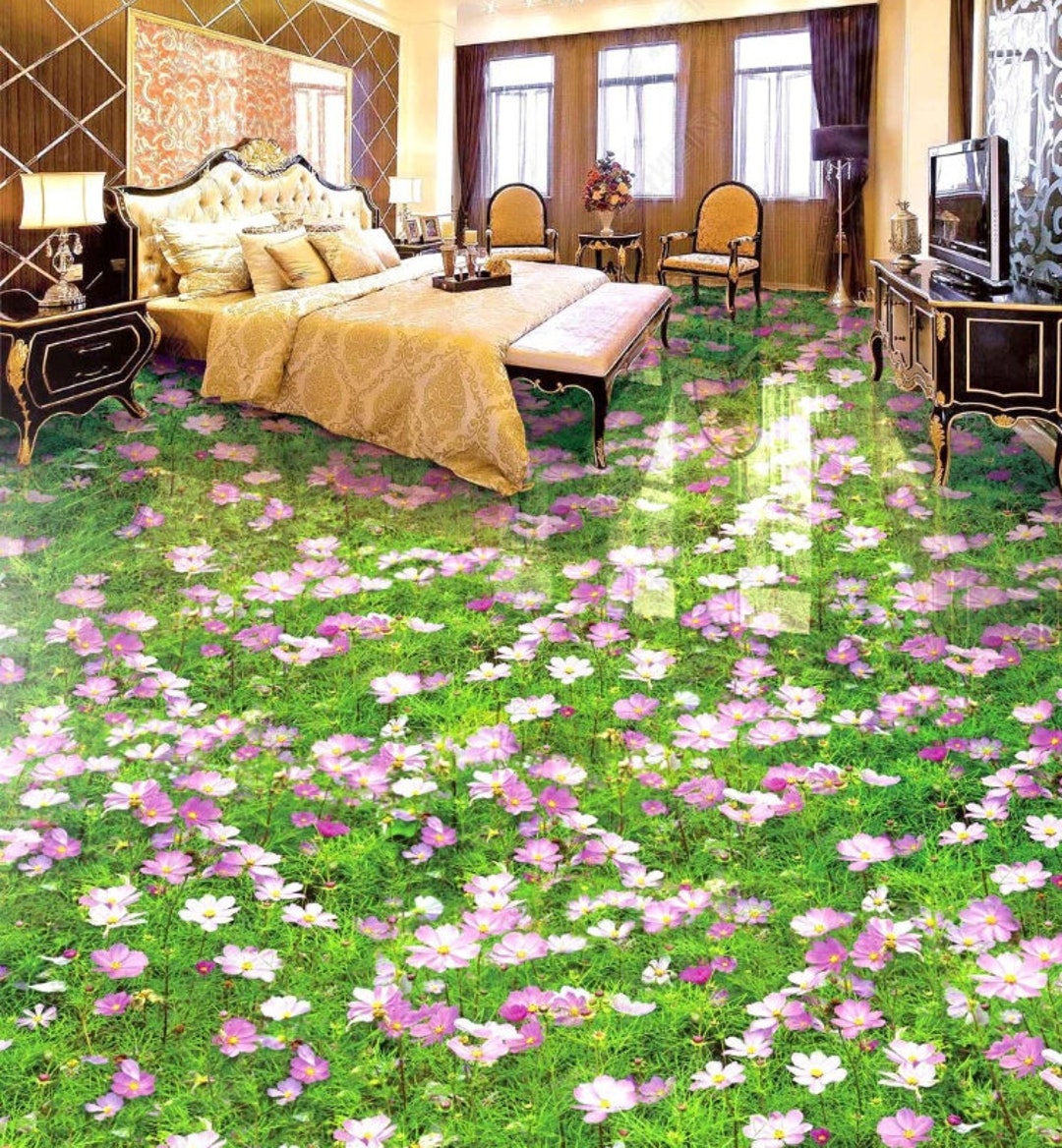 3D Daisy Floral Pink Garden, Vinyl Floor Mural, Self-adhesive Vinyl ...