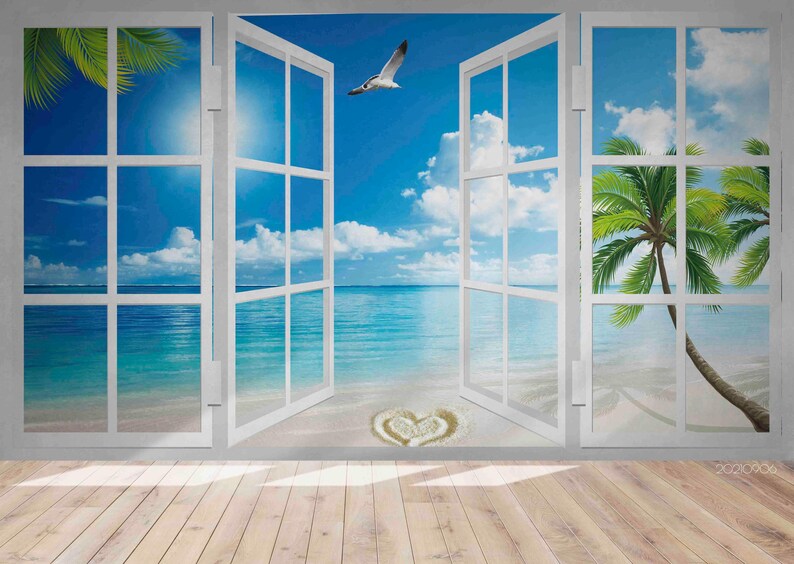 Beach Wall Mural – 3D Window Seagull Palm Trees Clear Sky Wallpaper ...