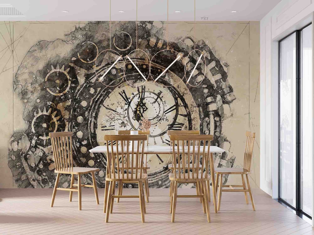 Retro Gray Clock Graffiti Wallpaper Mural, Peel and Stick - Etsy