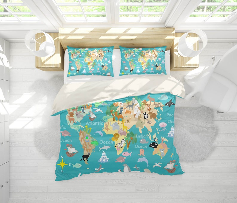 3D World Map Duvet Covers Set Cartoon Quilt Cover Animal - Etsy