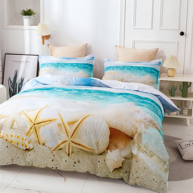 3D Beach Duvet Cover Set, Conch Starfish Print, Seascape Bedding - Etsy