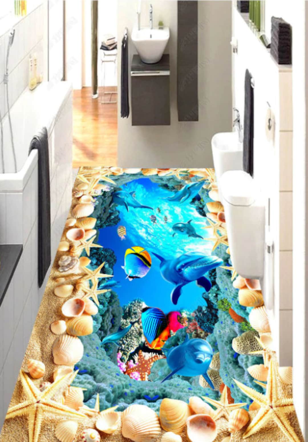 3D Dolphin Fish Beach Conch, Vinyl Floor Mural, Self-adhesive Vinyl ...