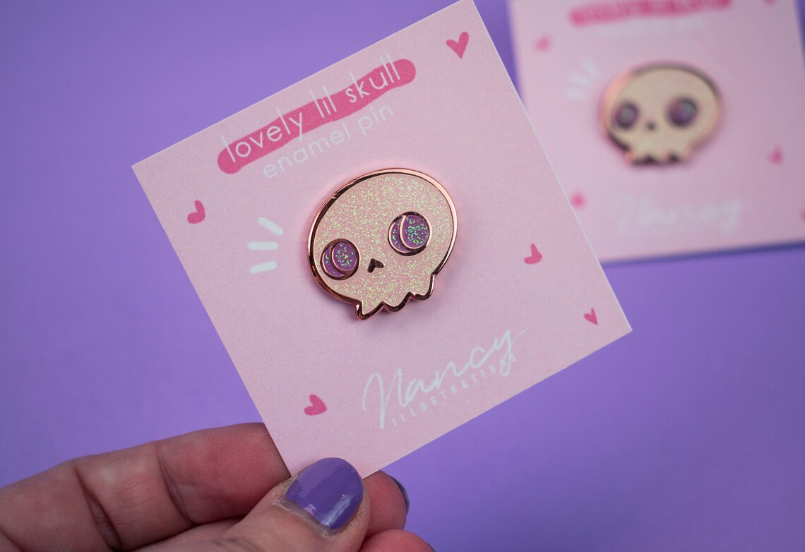 Cute Glitter Skull Enamel PIN Illustrated Kawaii Glitter Hard - Etsy
