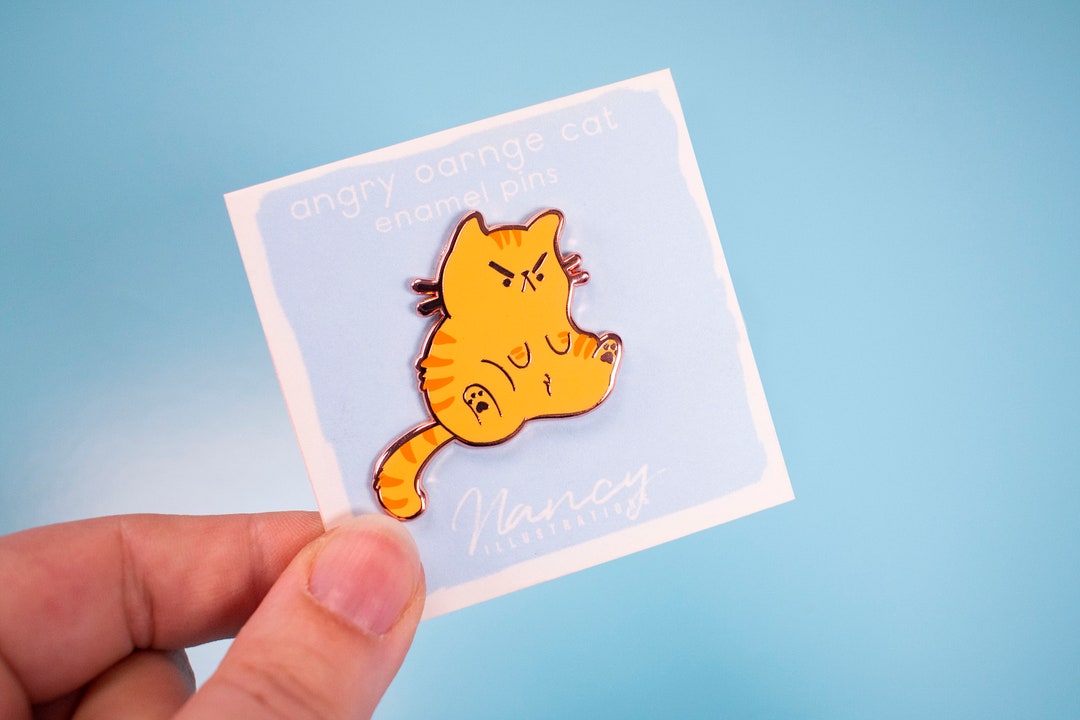 Angry Orange Cat Enamel Pin, Illustrated Kawaii Kitty Hard Enamel Pin ...