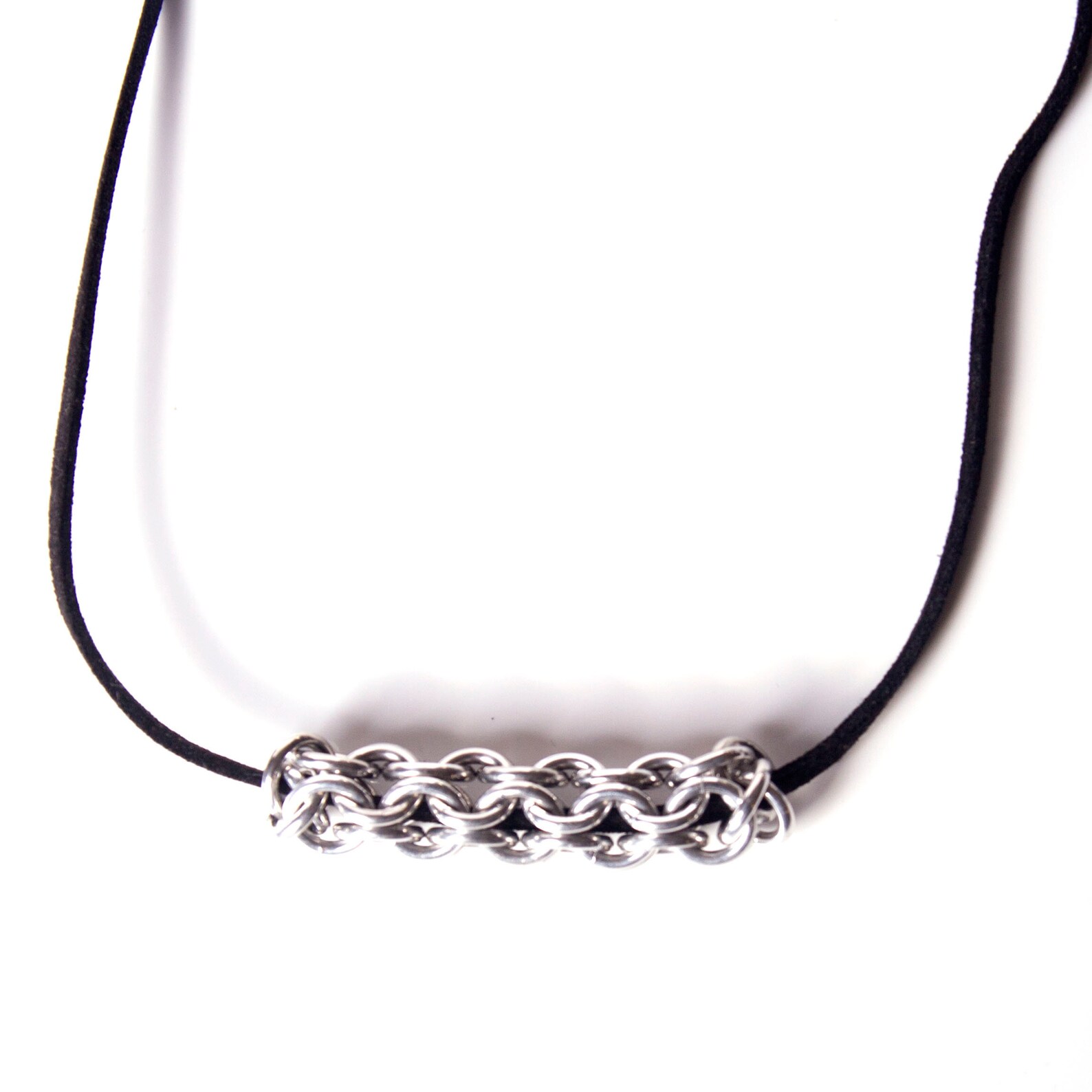 Silver Chainmail Bead on Black Thong Necklace / Gothic Chainmail ...