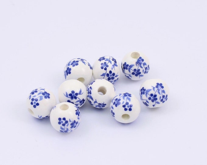 8/16 X Blue & White Delft Style Floral Ceramic Beads, 11mm, Please Read ...