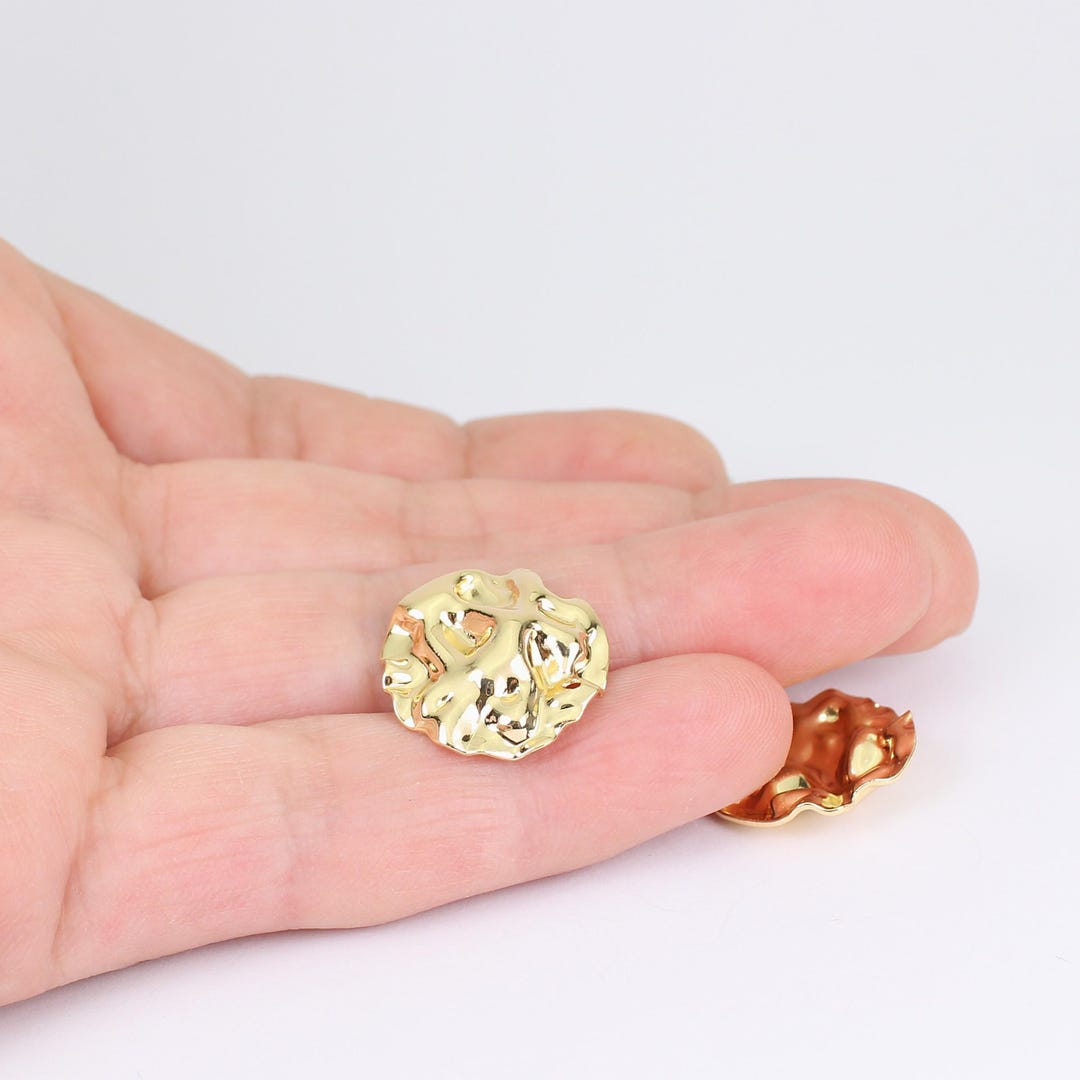 2/4 X Wavy Round Shiny Gold Plated Charms, 18mm Organic Wrinkled ...