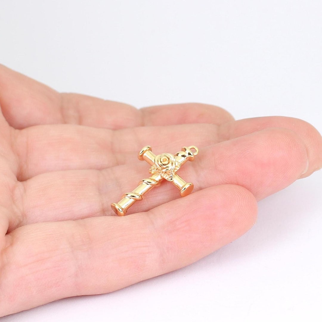 1/2/4 X Gothic Cross Charms With Vine & Rose, 18K Gold Plated Solid ...