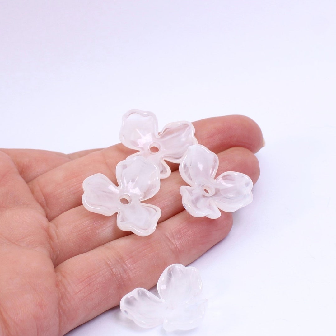 5/10 X Acrylic Three Petal Flower Shaped Beads, 23mm Marbled White ...