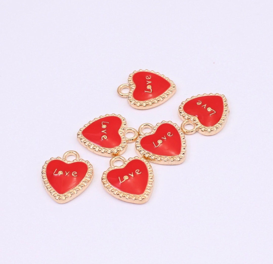 6/12 X Red Enamel Gold Plated Love Heart Charms, 17mm X 13mm, by ...