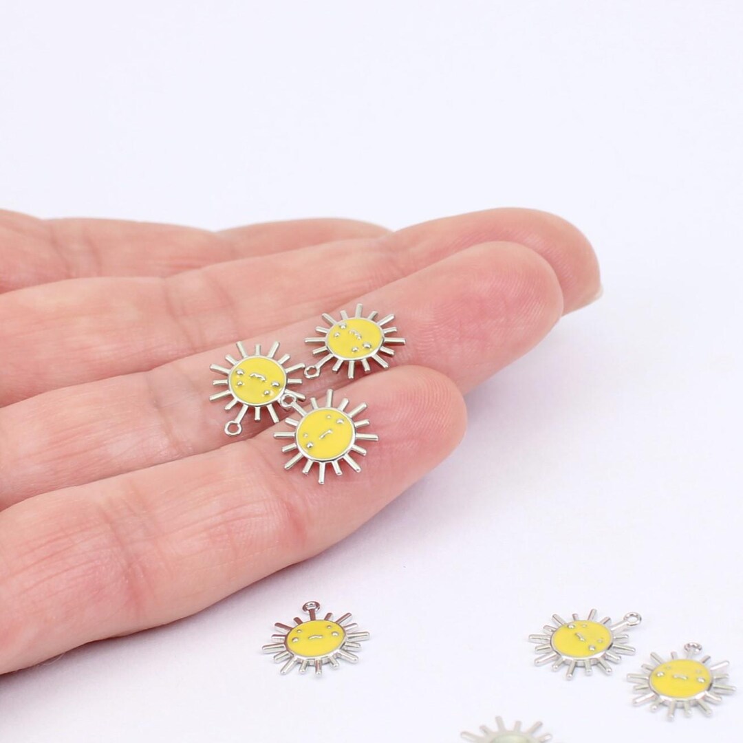 1/2 X Tiny Smiling Sun Charms, Yellow Enamel, Platinum Plated Brass ...