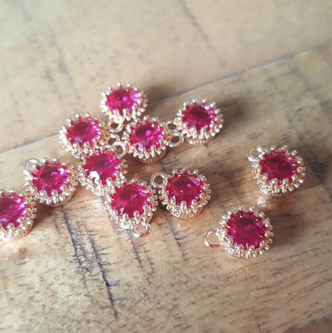 1/2/4 X Ruby Cubic Zirconia Round Gold Plated Charms, Fancy Settings ...