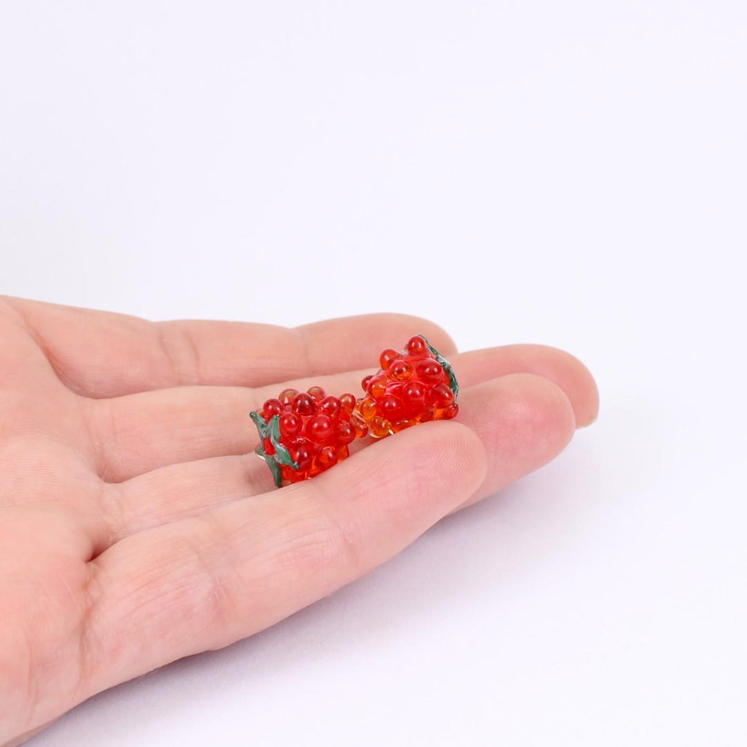 1/2/4 X Flame Red Berry Handmade Glass Lampwork Beads With Green Leaves ...