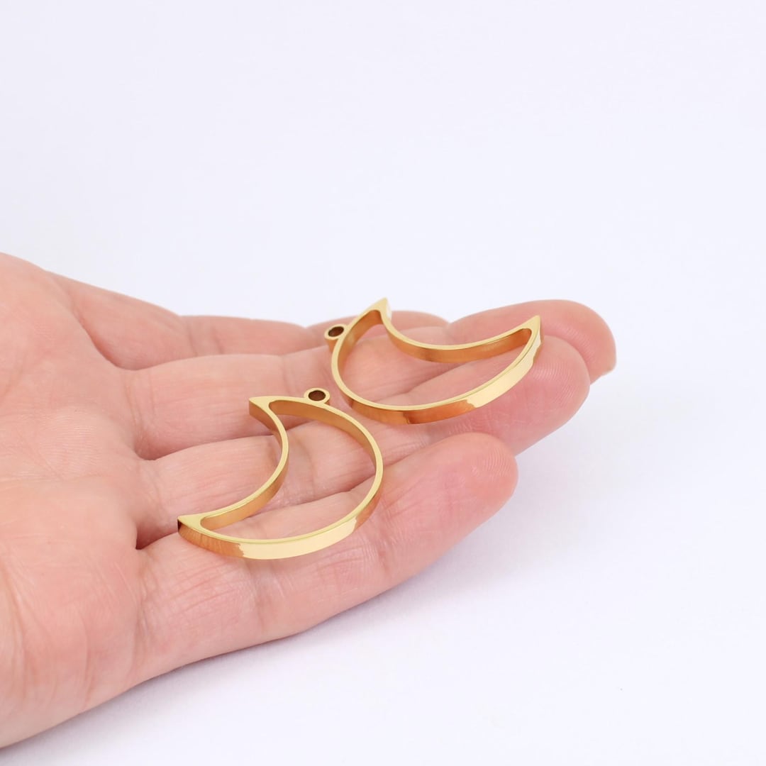 1/2 X Moon Open Back Bezel Frame Pendants, Polished Gold Plated Steel ...