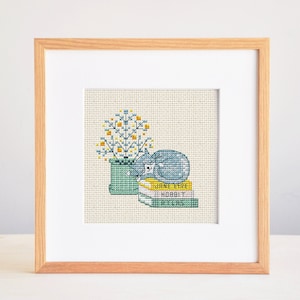 Cat Cross Stitch Pattern, Grey Cat, Books, House Plant - Instant ...