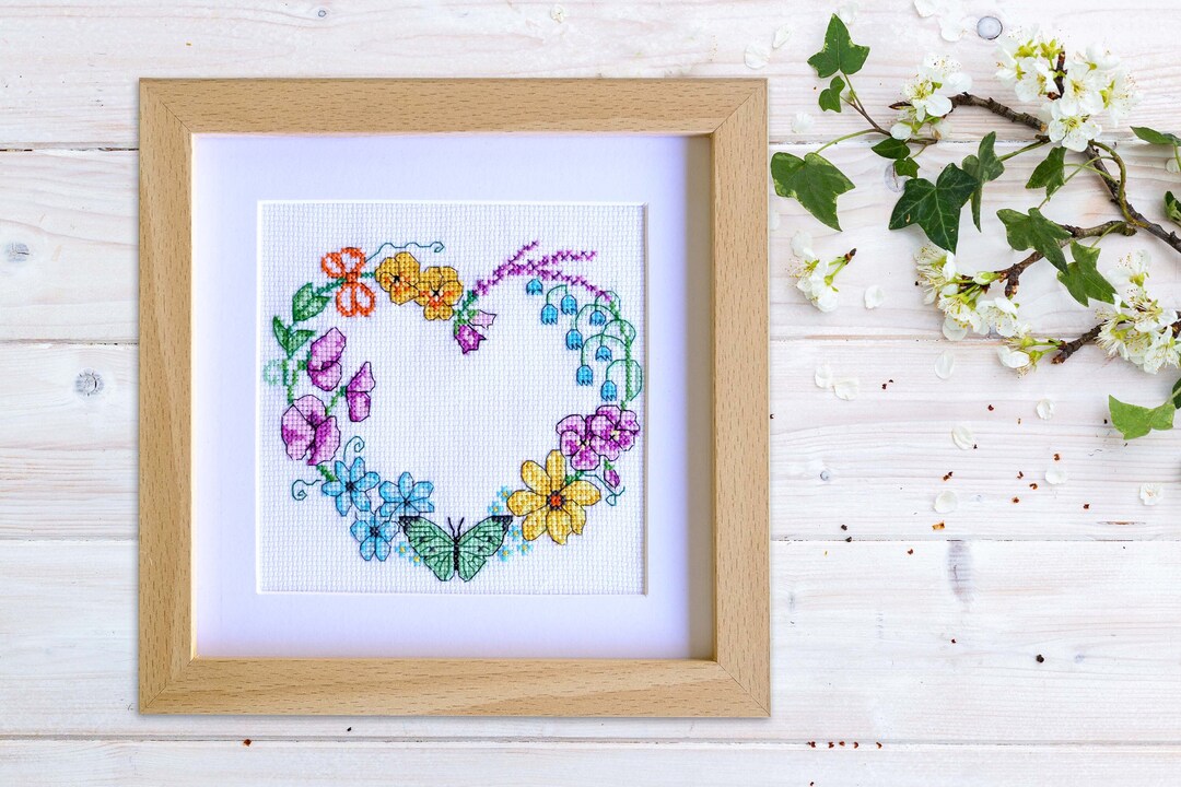 Floral Wreath Cross Stitch Pattern, Heart Flowers Butterfly Pancies ...