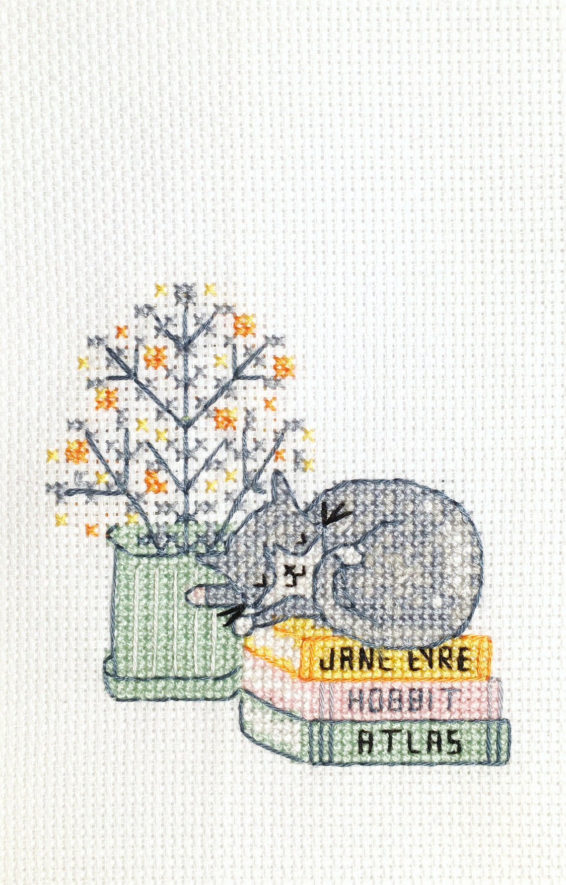 Cat Cross Stitch Pattern, Grey Cat, Books, House Plant - Instant ...