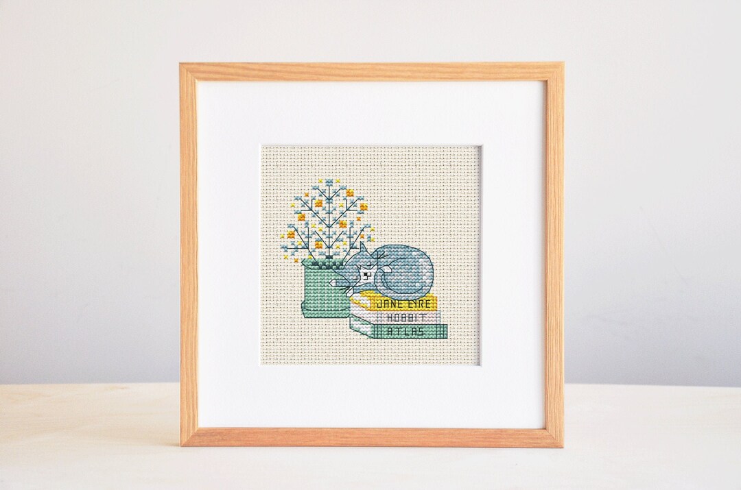 Cat Cross Stitch Pattern, Grey Cat, Books, House Plant - Instant ...