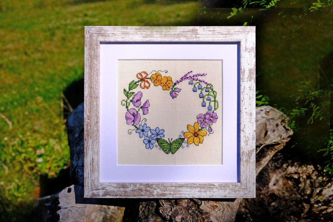 Floral Wreath Cross Stitch Pattern, Heart Flowers Butterfly Pancies ...