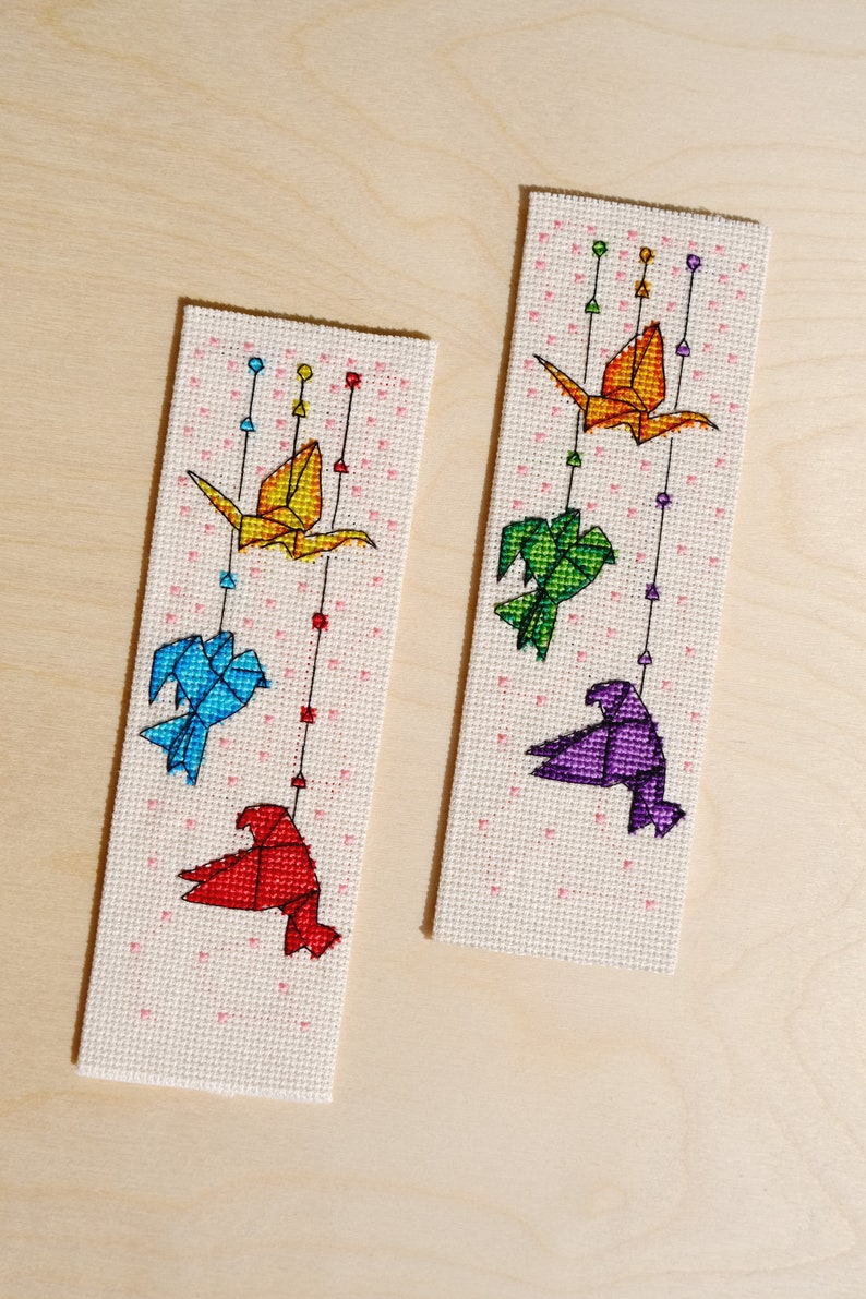 2 Bookmark Cross Stitch Patterns, Origami Cranes, Paper Birds, Instant ...